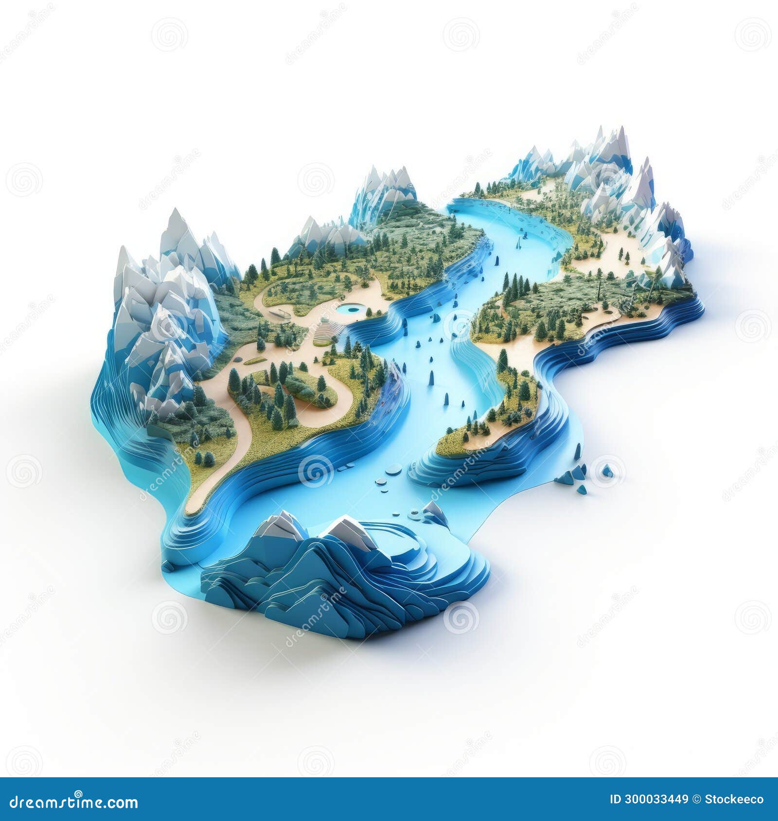 Whimsical 3d Rendered Map of Lake and Desert with Mountains Stock ...