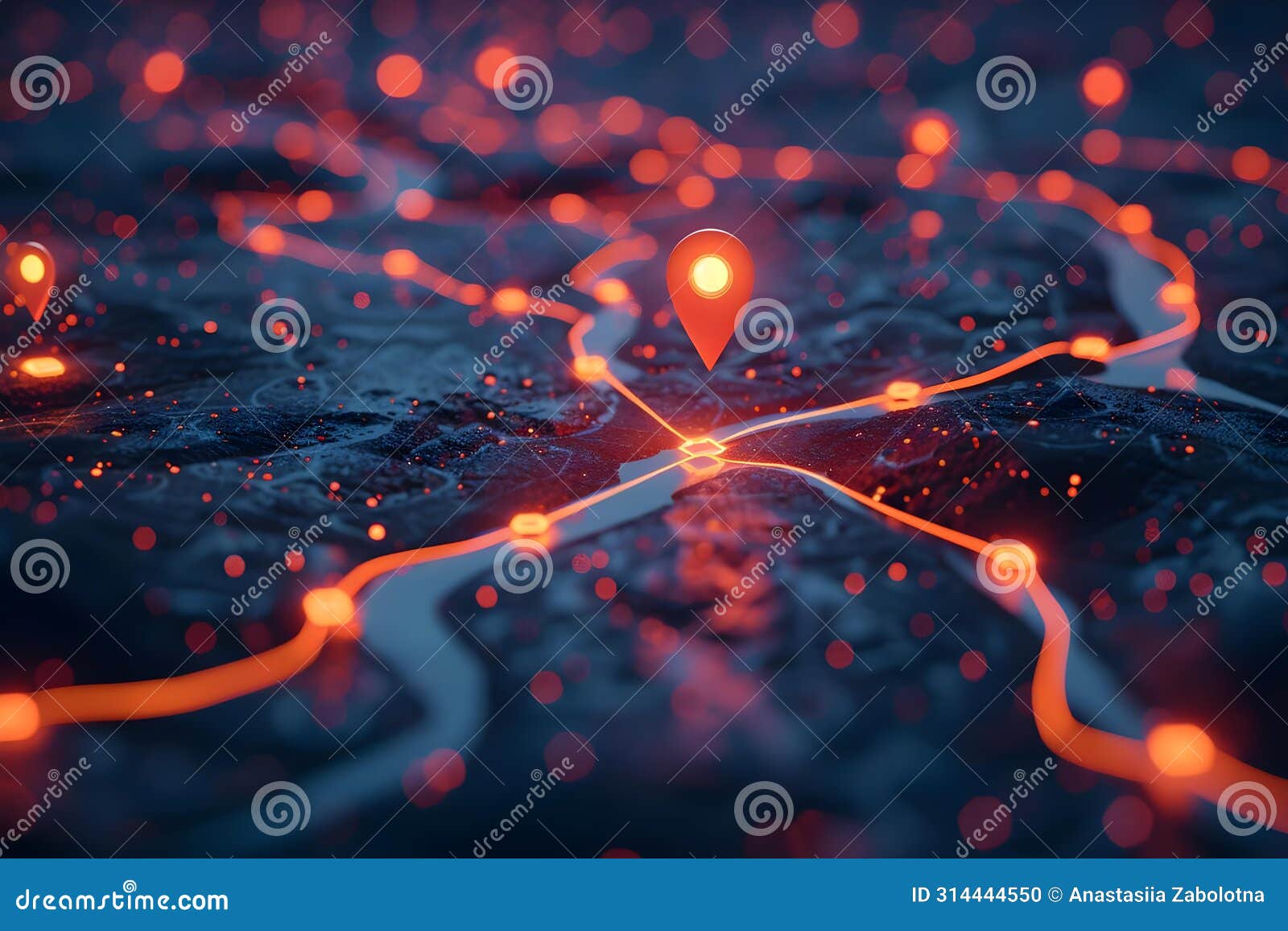 Digital Map with Neon Location Pins on Dark Canvas. Concept Neon Pins ...