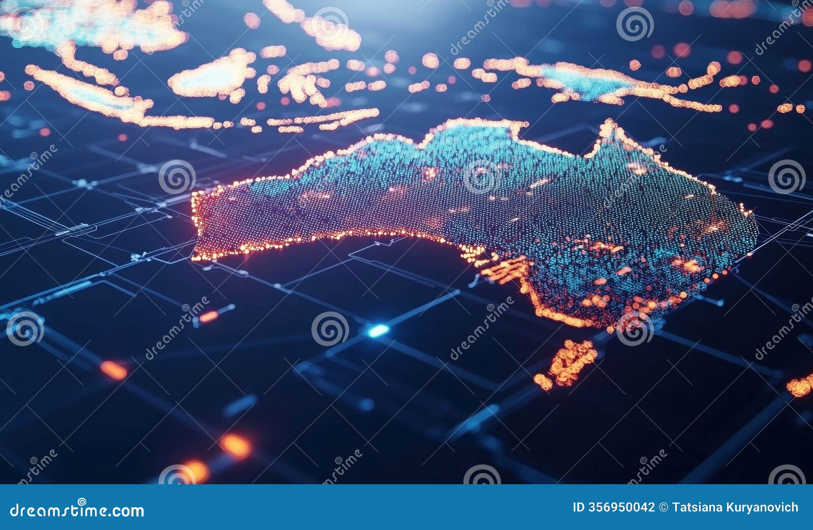 Digital Map Representation Australia, Glowing Dots, Network Connections ...