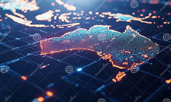 Digital Map Representation Australia, Glowing Dots, Network Connections ...