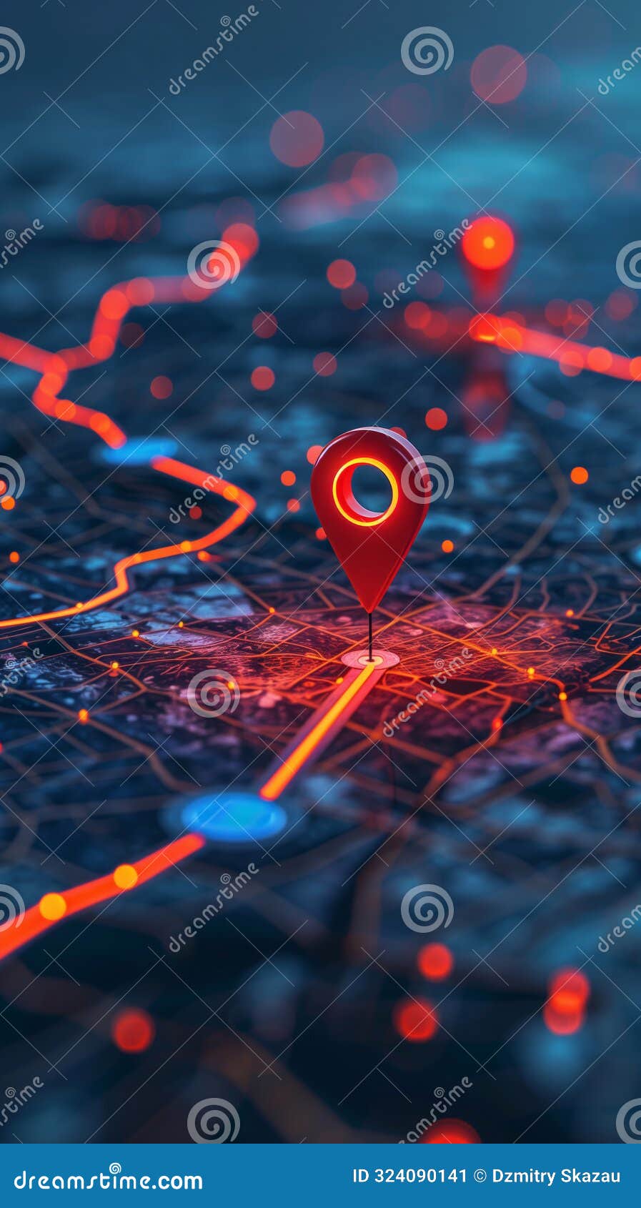 Digital Map Showing Two Locations with Red Pin Markers and Glowing Red ...