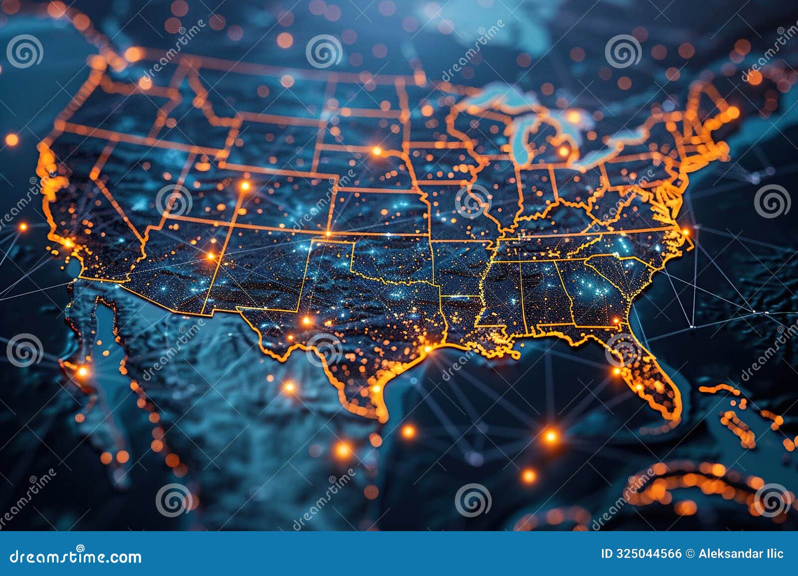 Digital Map of United States of America. Network and Connectivity, Data ...