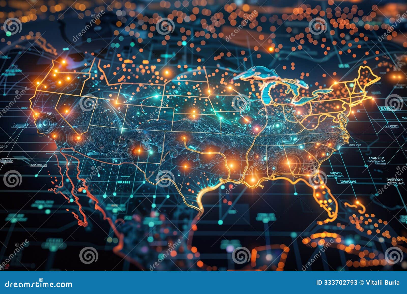 Digital Map of U.S. with Glowing Network Connections, Generative Ai ...