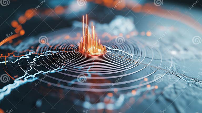 Digital Map Visualizing Earthquake Epicenter with Seismic Waves Stock ...