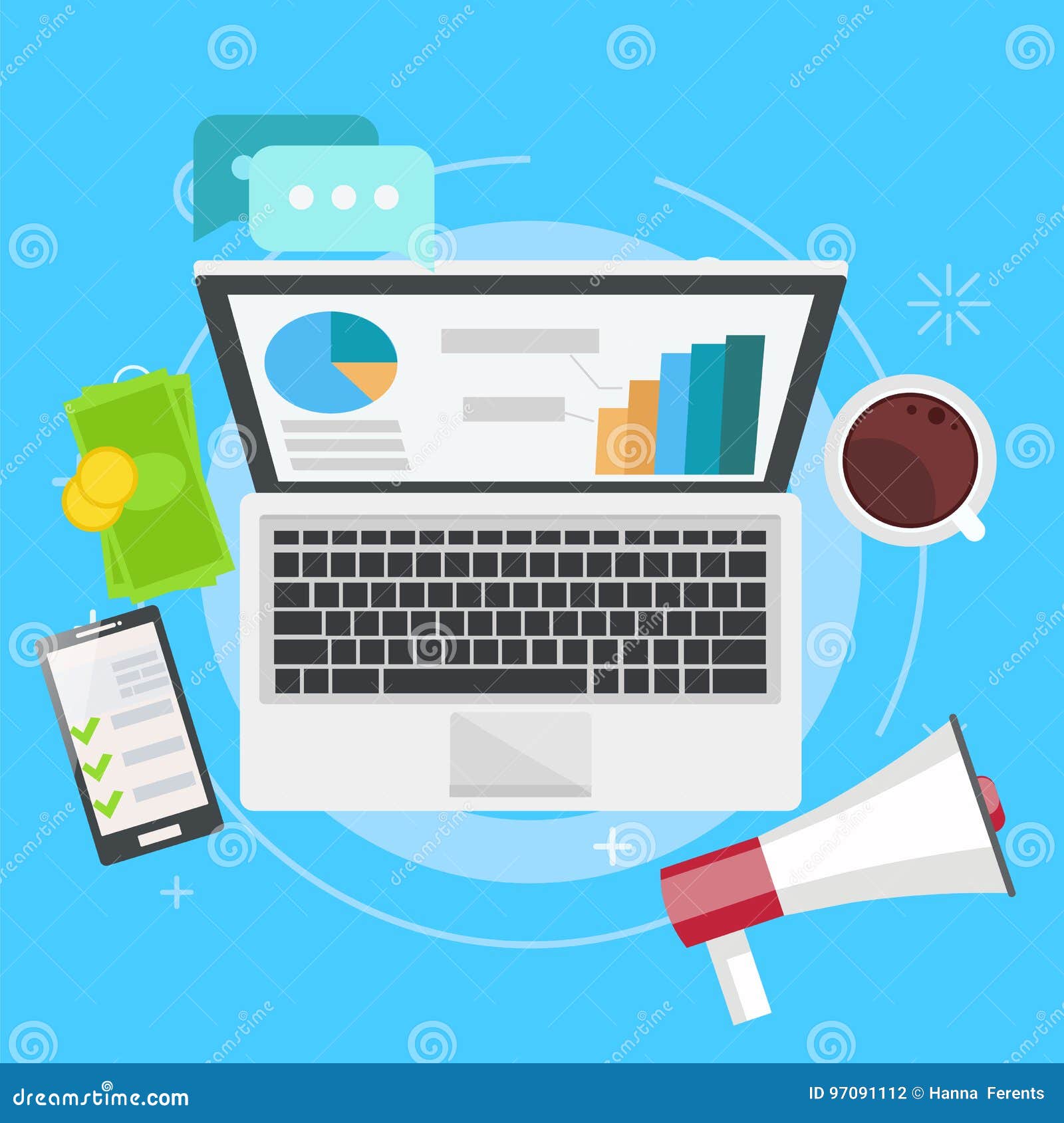 Digital Marketing Banner. Computer with Graphs, Money, Megaphone and ...