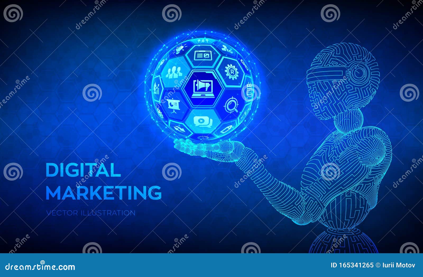 Digital Marketing Concept. Abstract 3D Sphere or Globe with Surface of ...