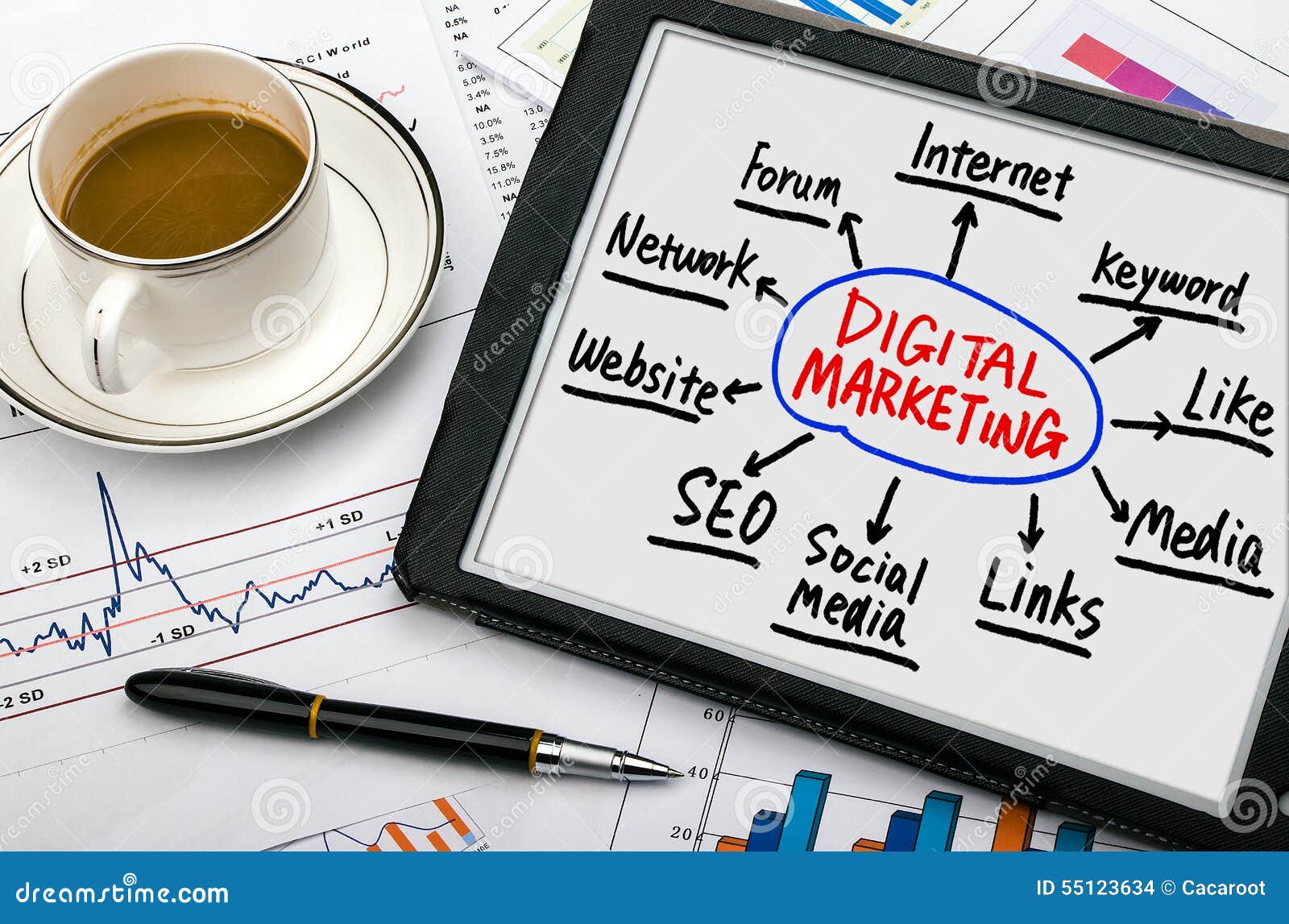 Digital Marketing Concept Hand Drawing on Tablet Pc Stock Photo - Image ...