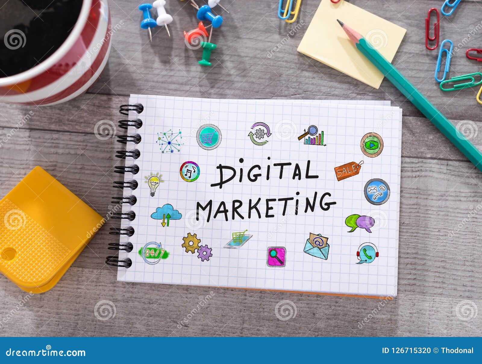 Digital Marketing Concept on a Notepad Stock Photo - Image of media ...