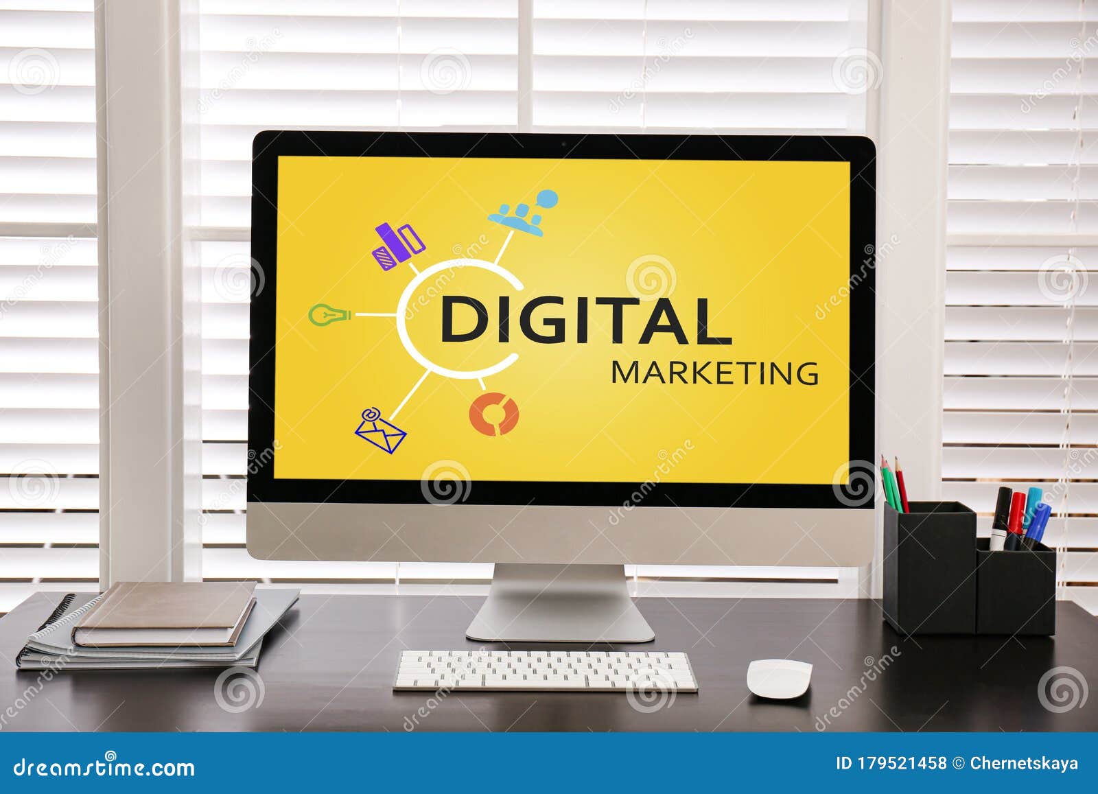 Digital Marketing Concept. Workplace with Computer Stock Photo - Image ...