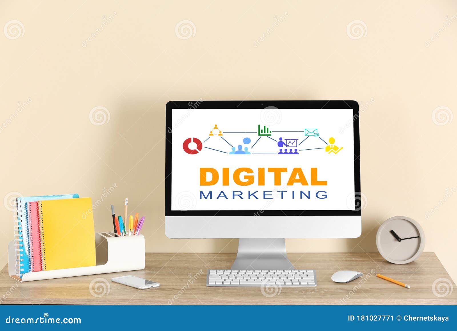 Digital Marketing Concept. Workplace with Computer Stock Image - Image ...