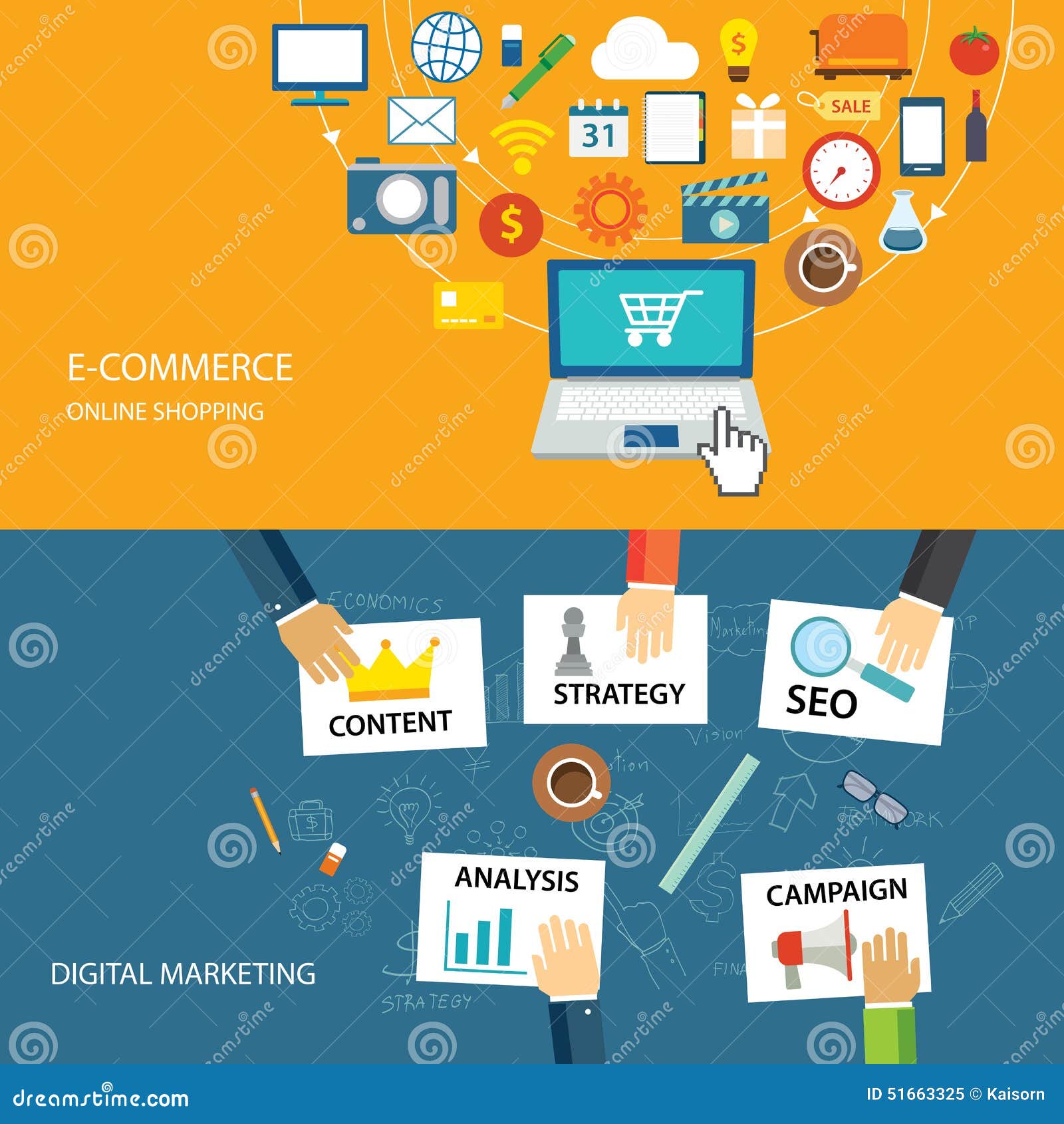 Digital Marketing and E-commerce Flat Design Stock Vector ...
