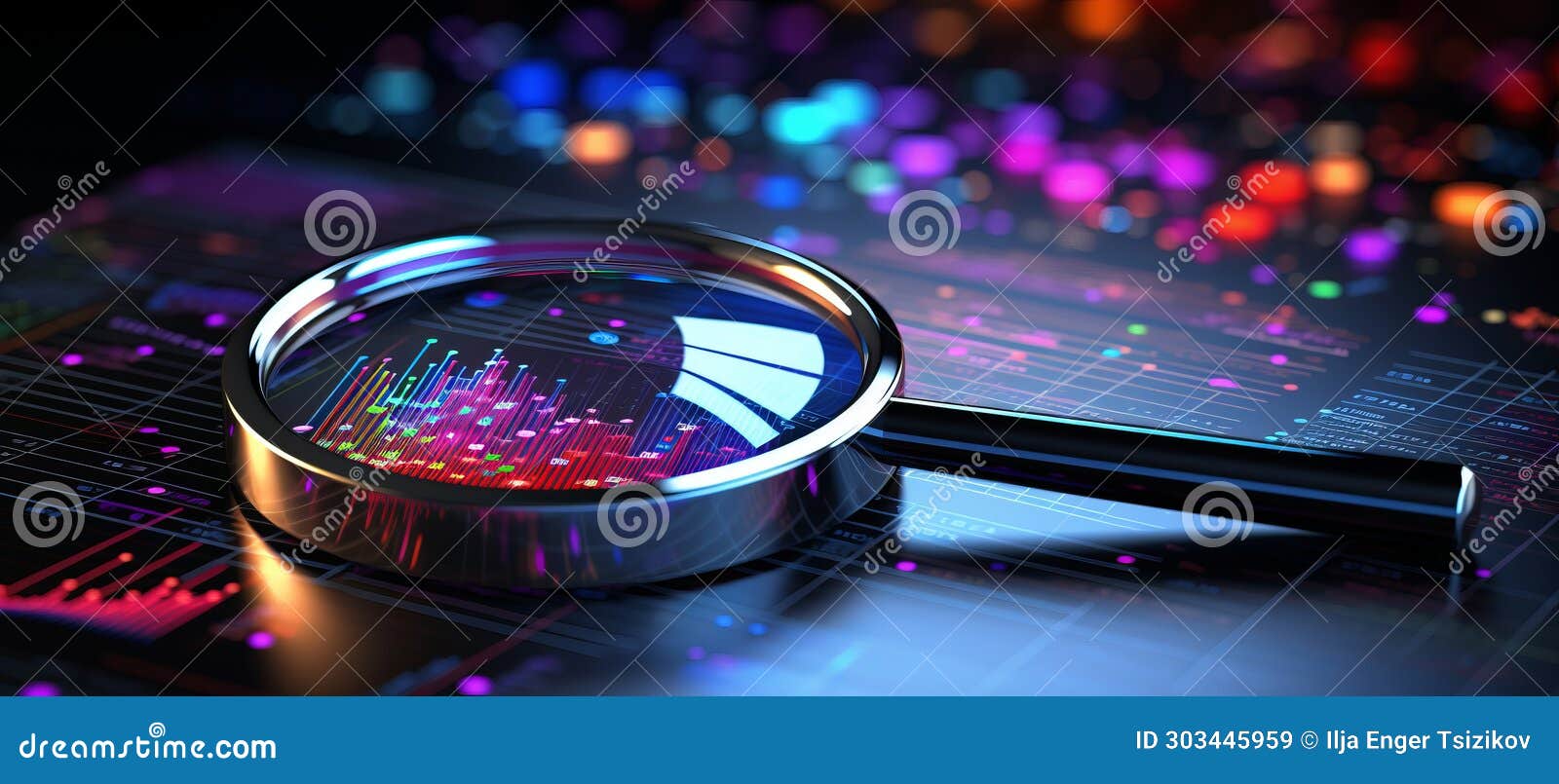 Digital Marketing Expert Analyzing Data with Magnifier and Neon Lit ...