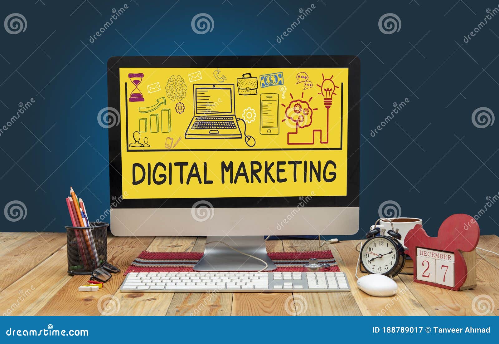 Digital Marketing Infographic on Computer Screen in Office Stock Image ...