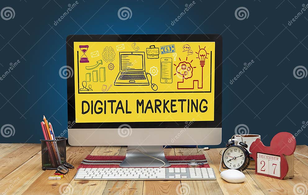 Digital Marketing Infographic on Computer Screen in Office Stock Image ...