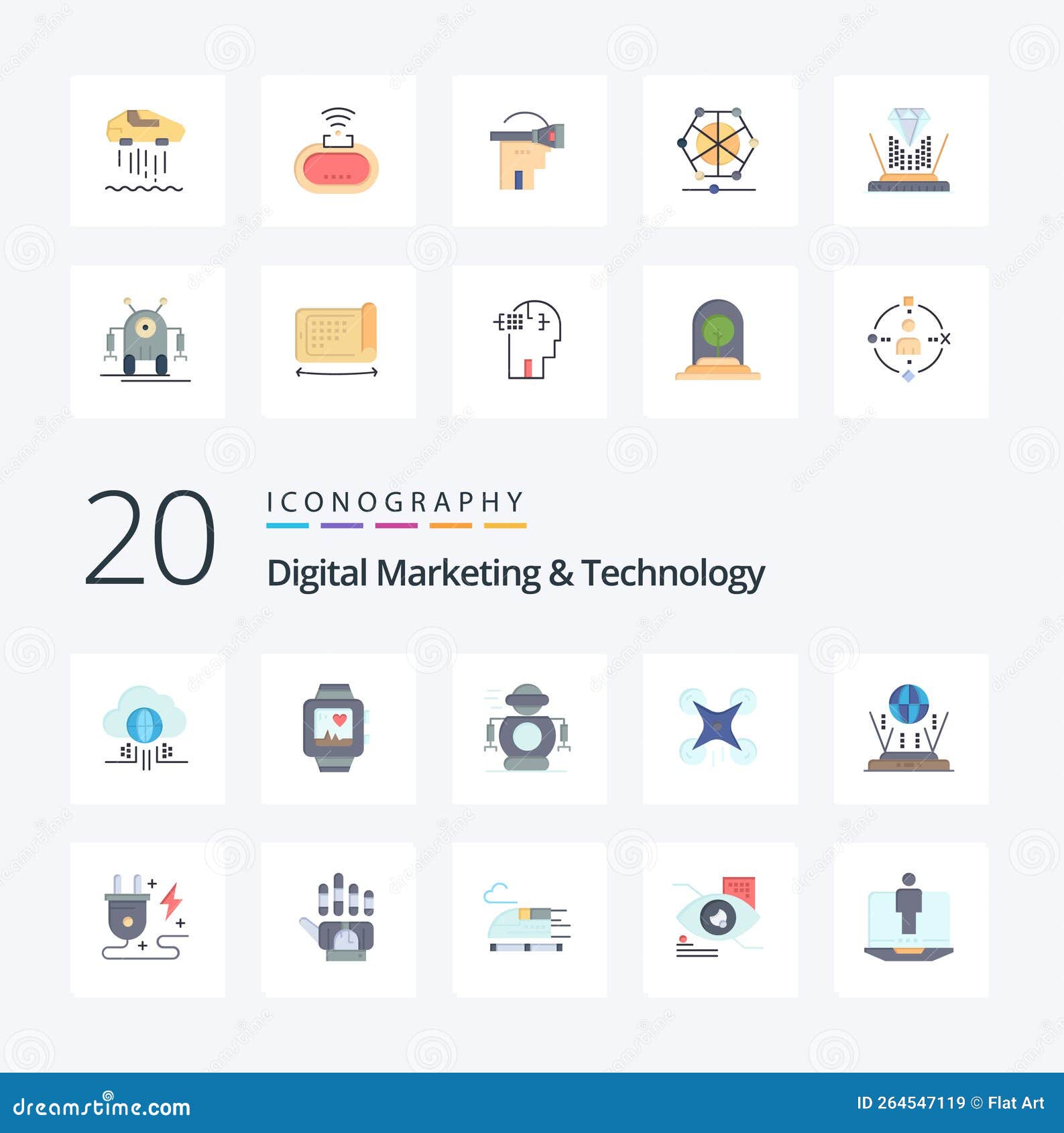 20 Digital Marketing and Technology Flat Color Icon Pack Like Globe ...