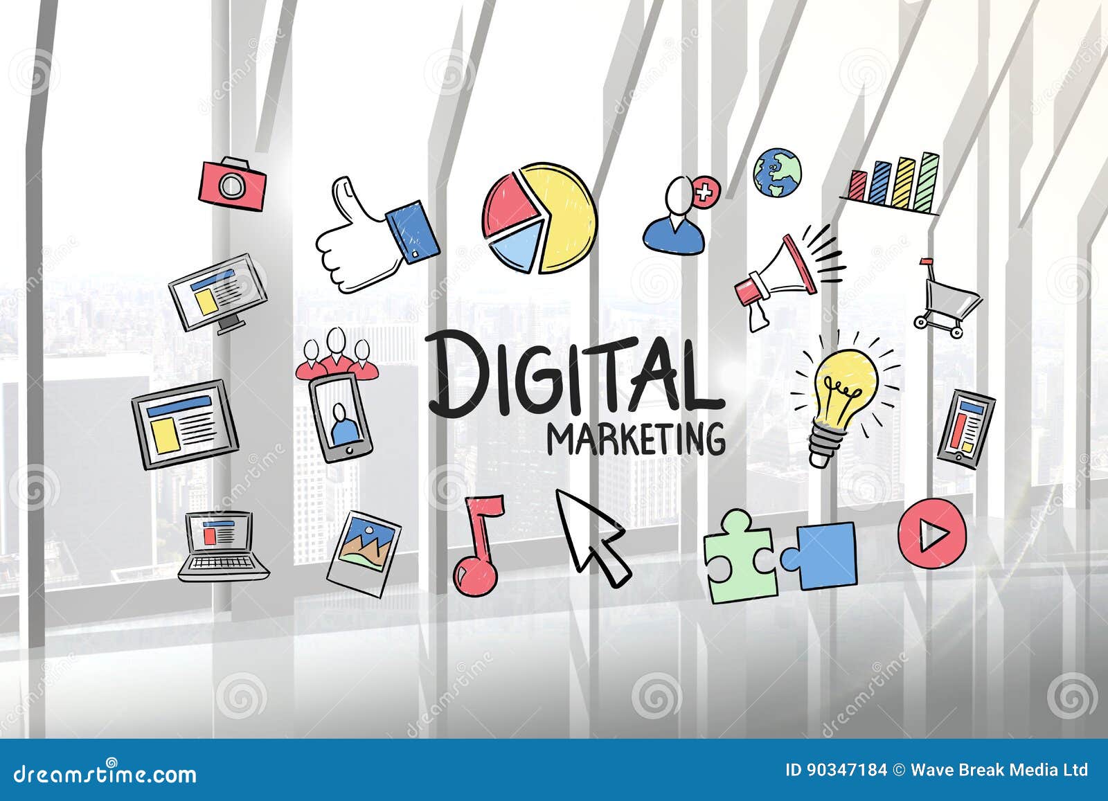 Digital Marketing Text Surrounded with Various Icons in Office Stock ...