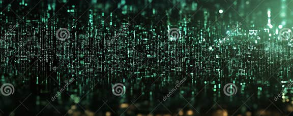 Digital Matrix Background with Glowing Green Binary Code Streams in Dark Abstract Tech Landscape ...