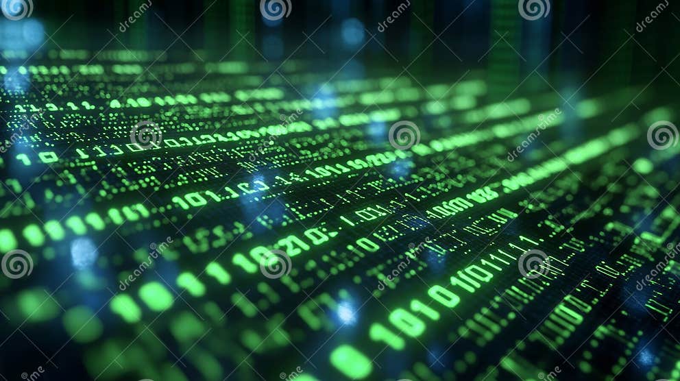 Digital Matrix Display Showcasing Cascading Green Binary Code Against a Dark Background Stock ...