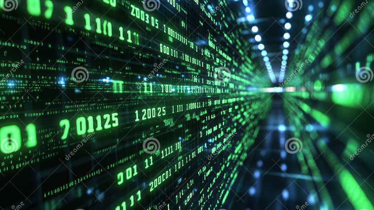 Digital Matrix of Green Binary Code Flowing through an Endless Corridor ...