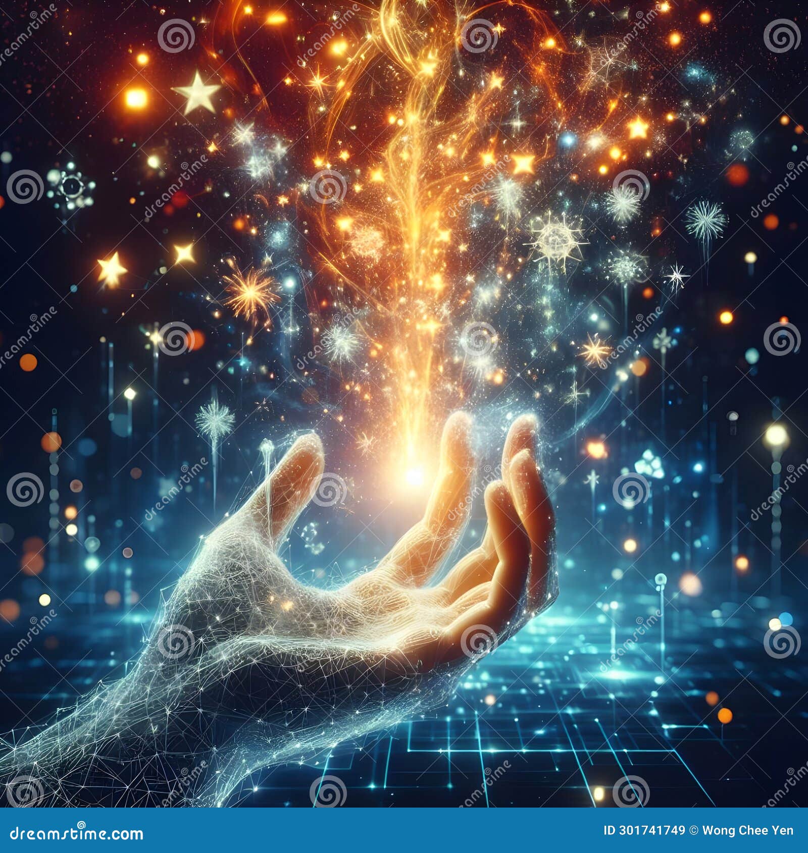 Digital Matrix Hand Fireworks Sparks Connections Data Science Stock ...