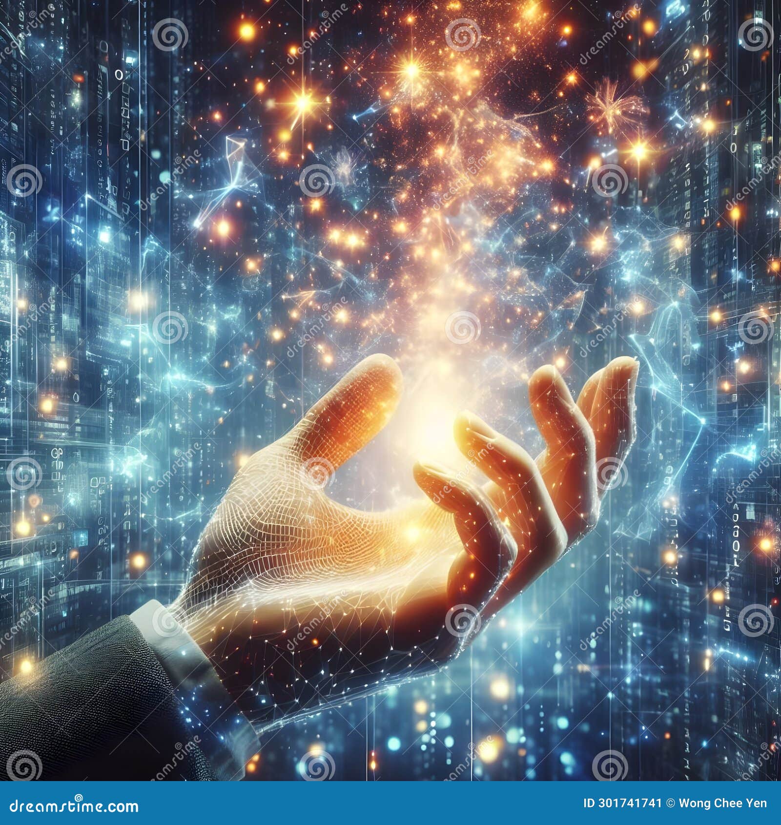 Digital Matrix Technology Hand Glowing Sparks Information Data Science ...