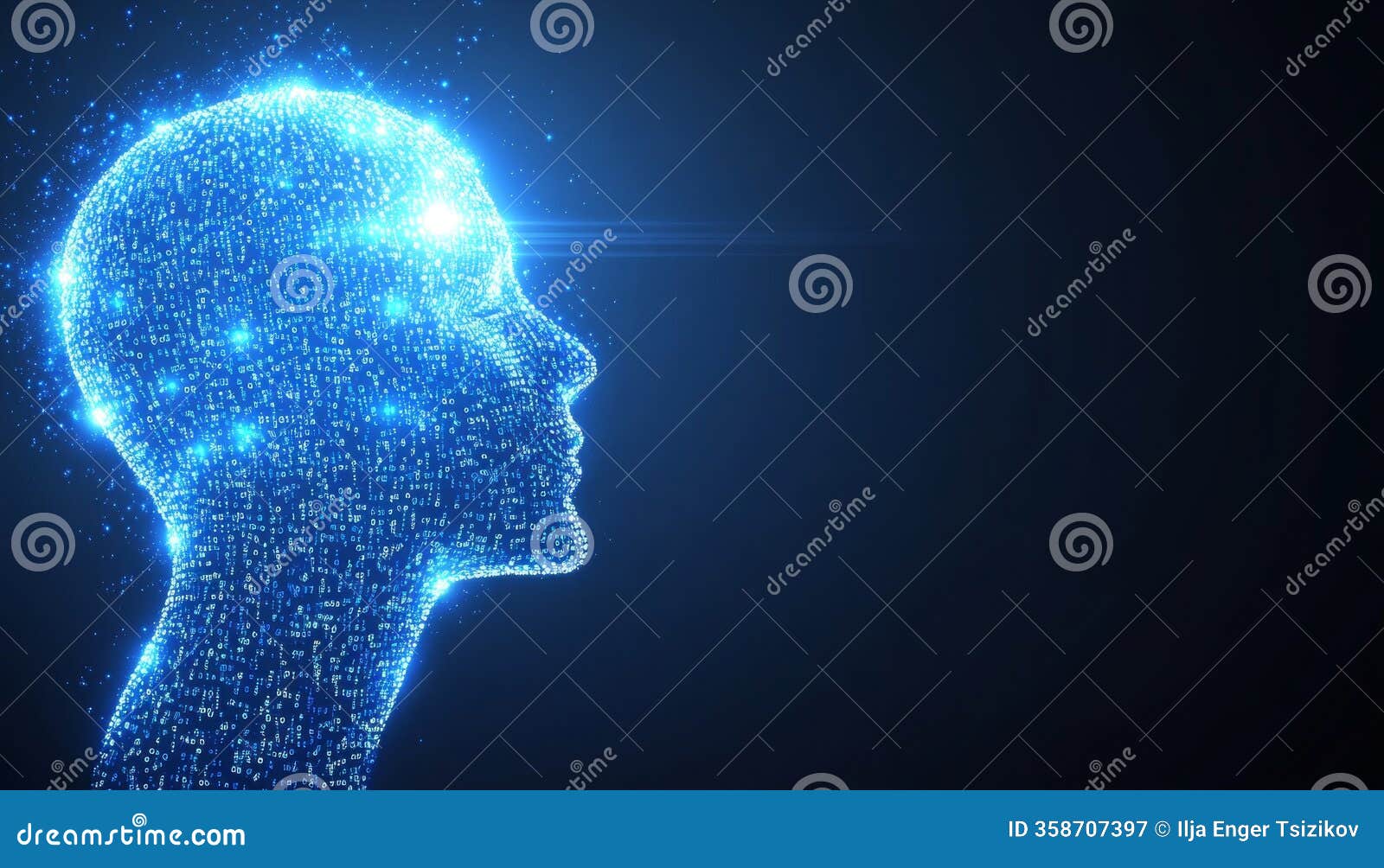 Digital Mind Profile of a Head with Futuristic Blue Circuitry and Binary Code on a Dark ...