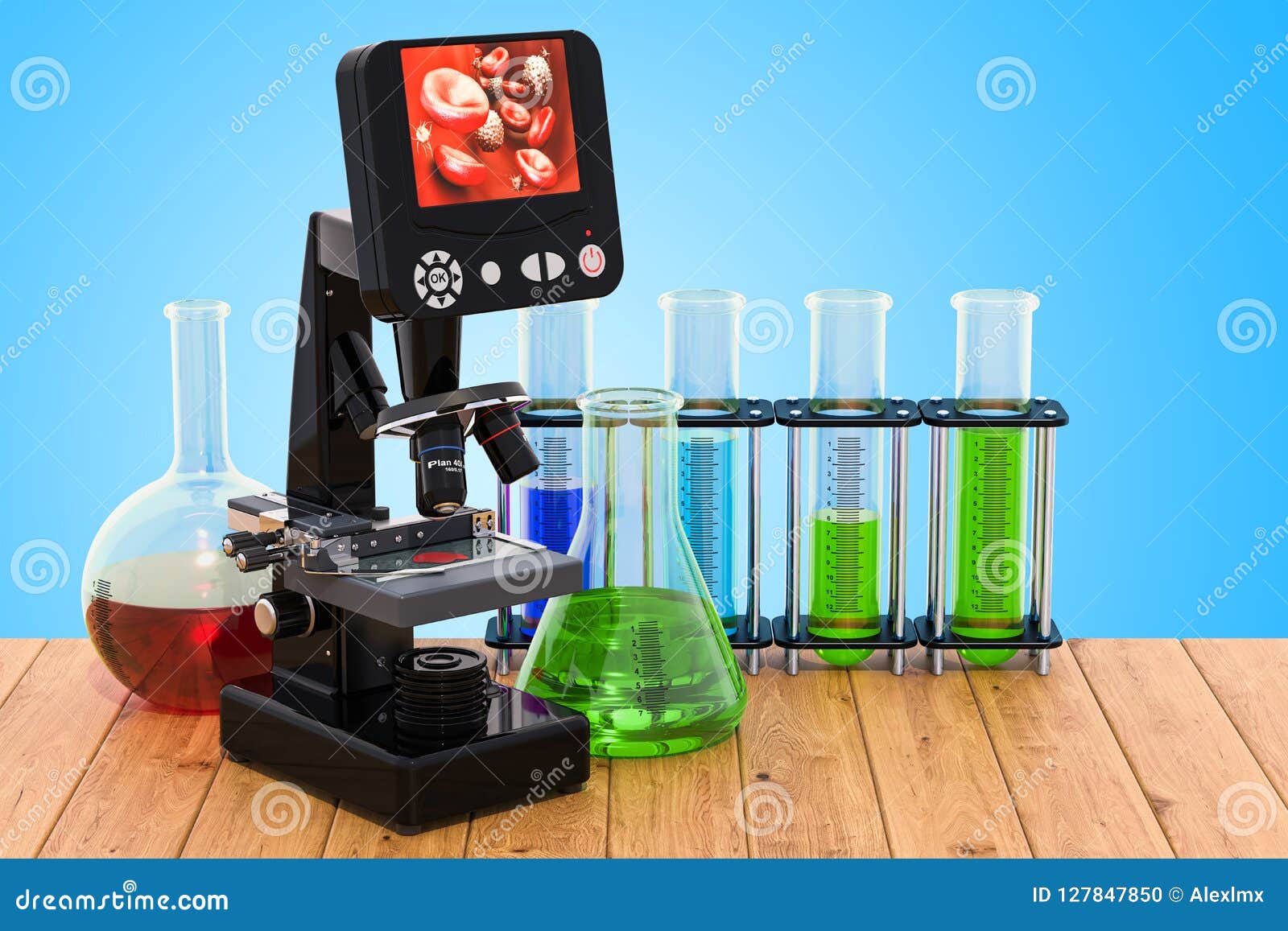 Digital Modern Microscope with Chemical Flasks on the Wooden Ta Stock ...
