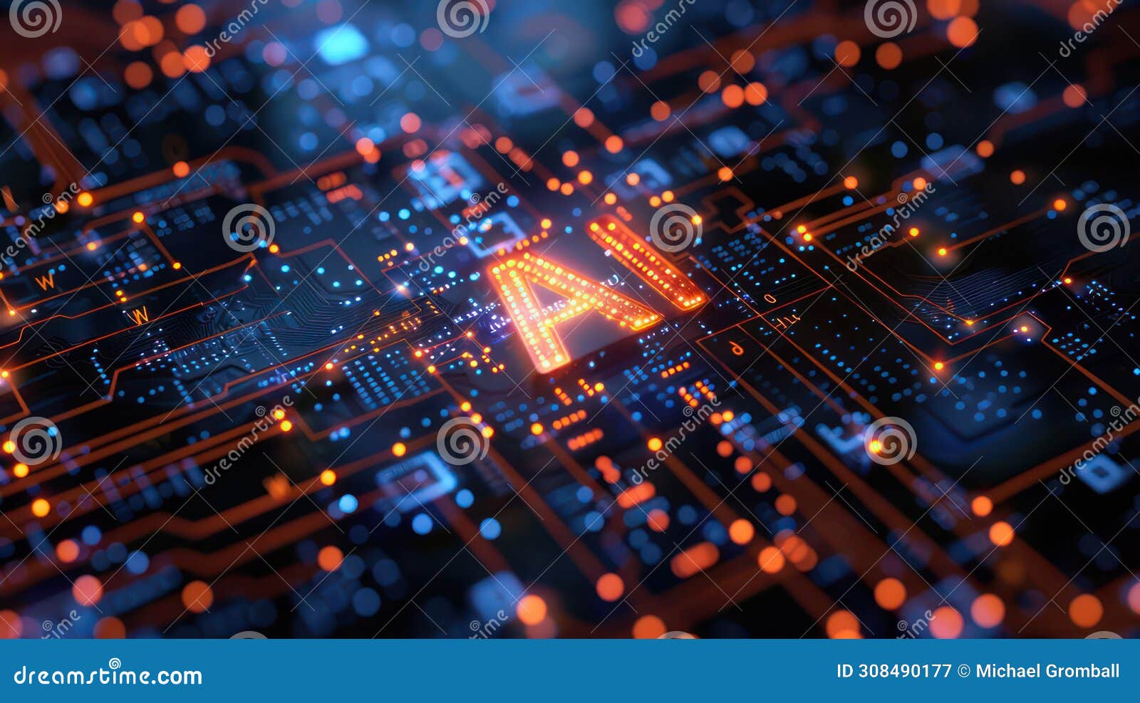 Digital Motherboard Background with the Letters AI in Glowing Orange ...