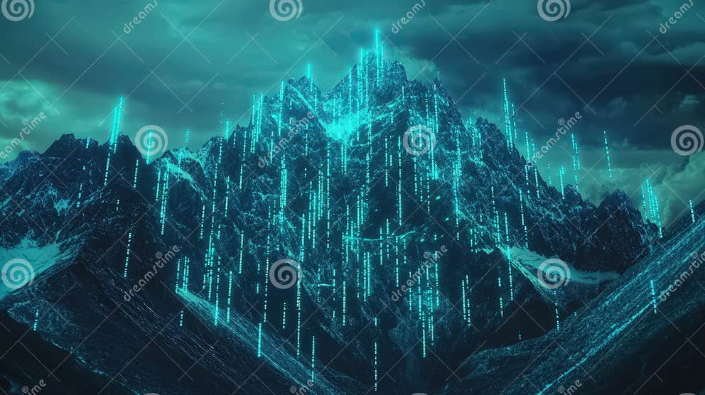 Digital Mountain with Cascading Data Streams Stock Photo - Image of ...