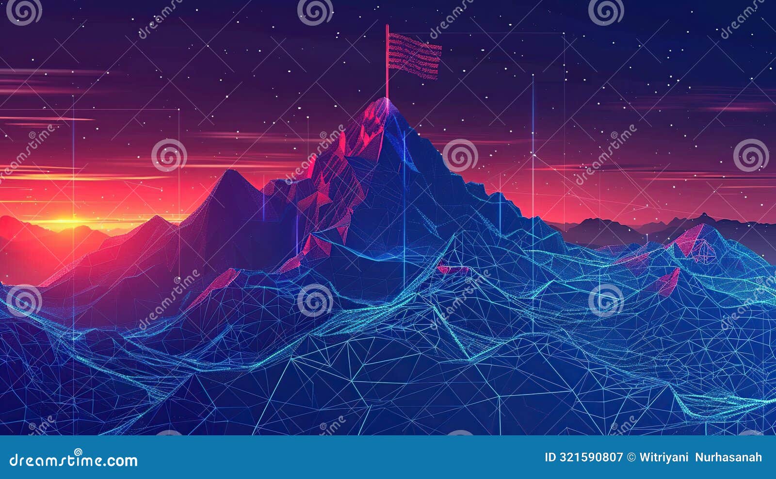 Digital Mountain Peak with Flag at Sunset. Generative AI Stock ...