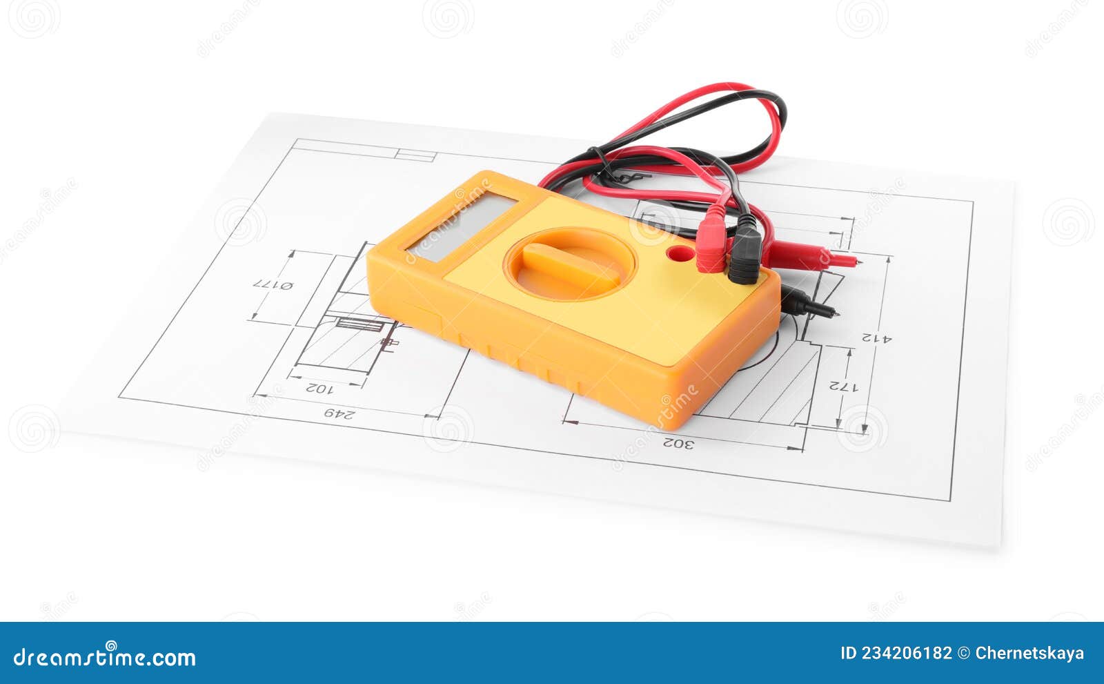 Digital Multimeter and Blueprint on White Background. Electrician`s ...