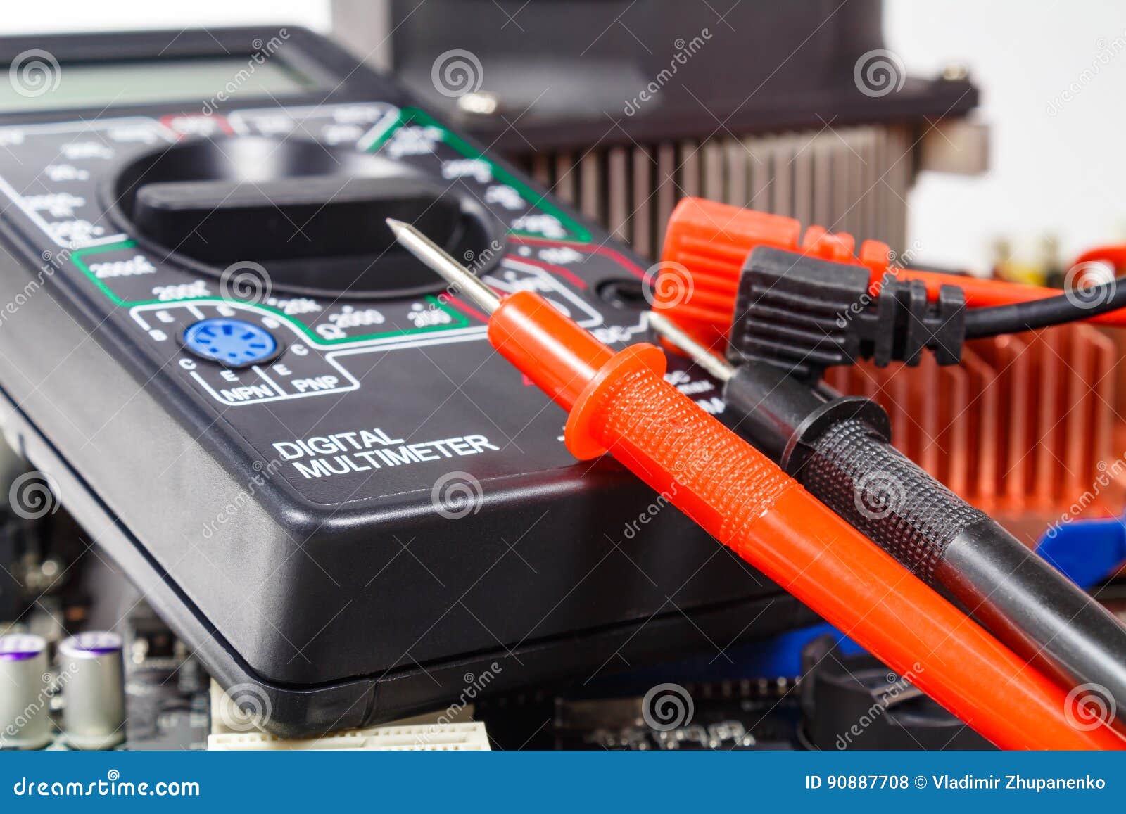 Digital Multimeter with Colored Probes on the Computer Motherboard ...