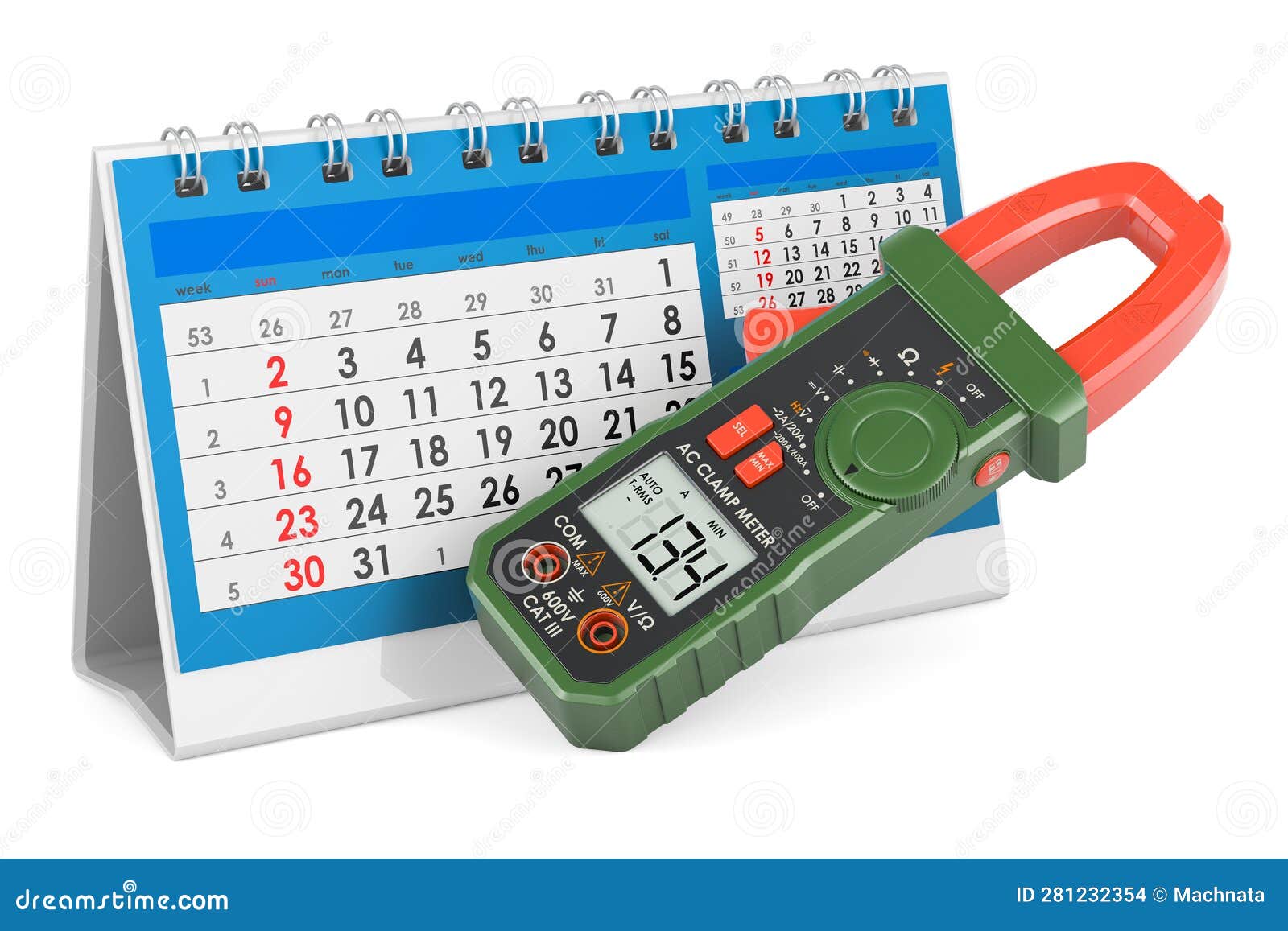 Digital Multimeter with Desk Calendar. 3D Rendering Stock Illustration ...