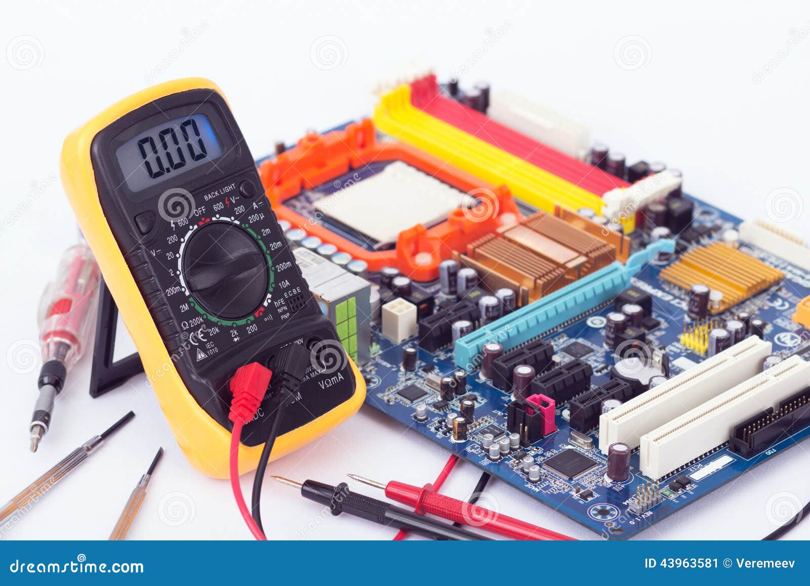 Digital Multimeter and Motherboard Stock Image - Image of plug, board ...