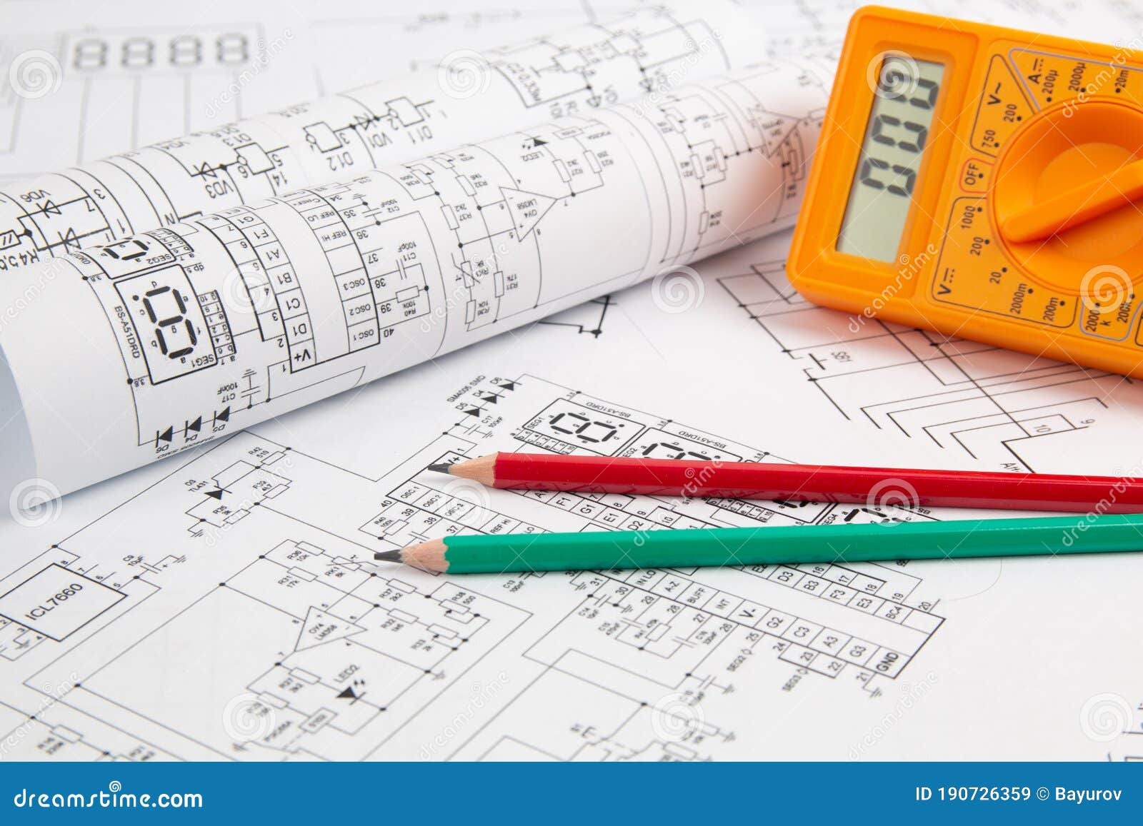 Digital Multimeter and Pencils on Paper Electrical Engineering Drawings ...
