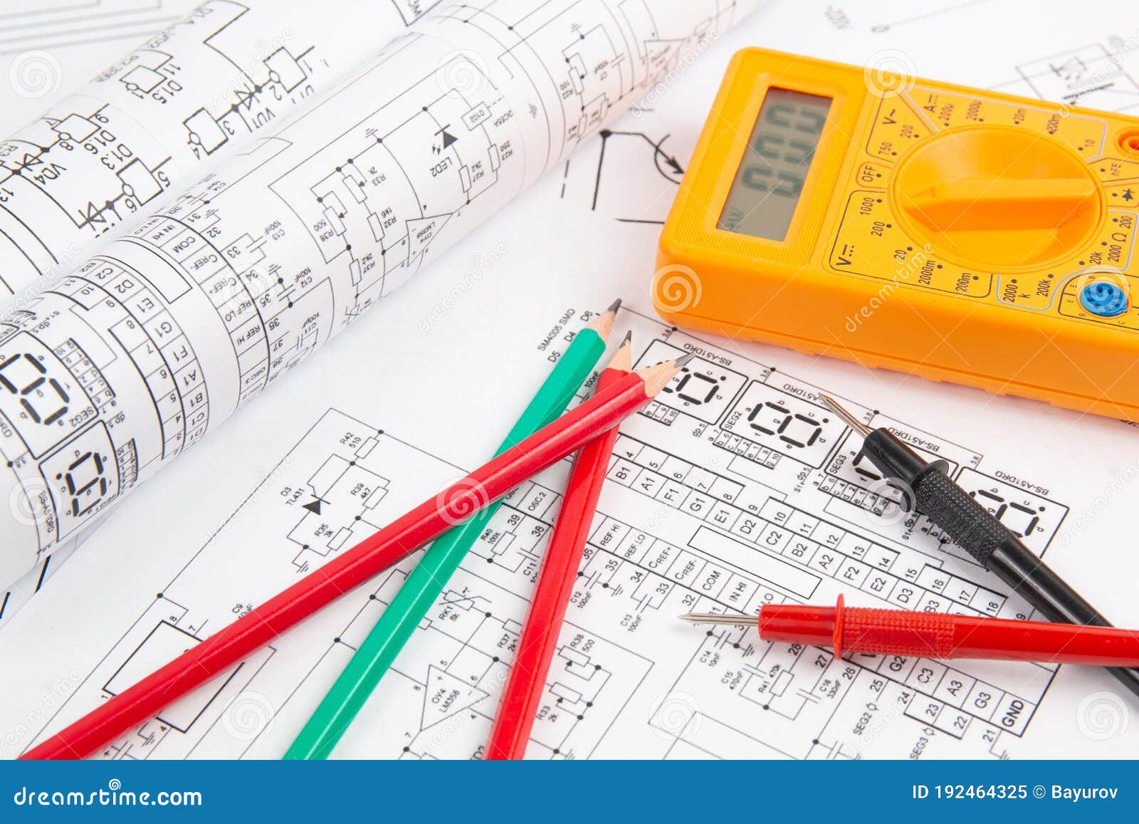 Digital Multimeter and Pencils on Paper Electrical Engineering Drawings ...