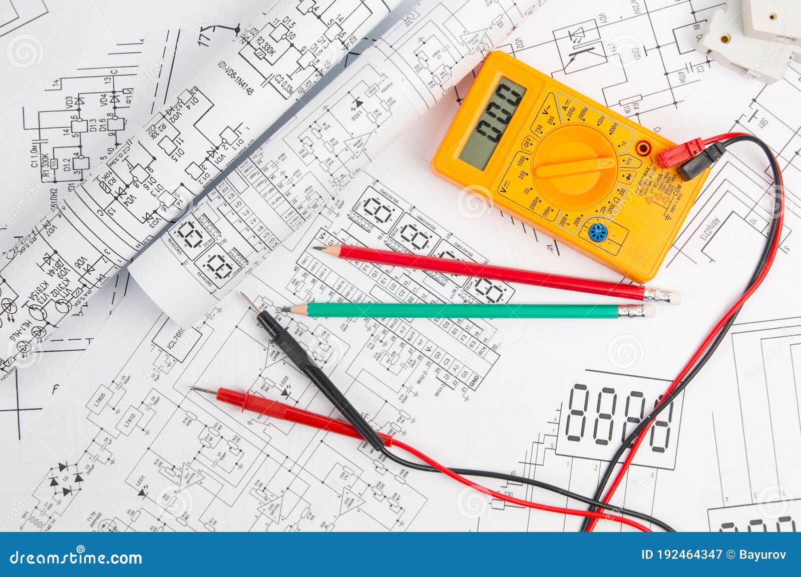 Digital Multimeter and Pencils on Paper Electrical Engineering Drawings ...