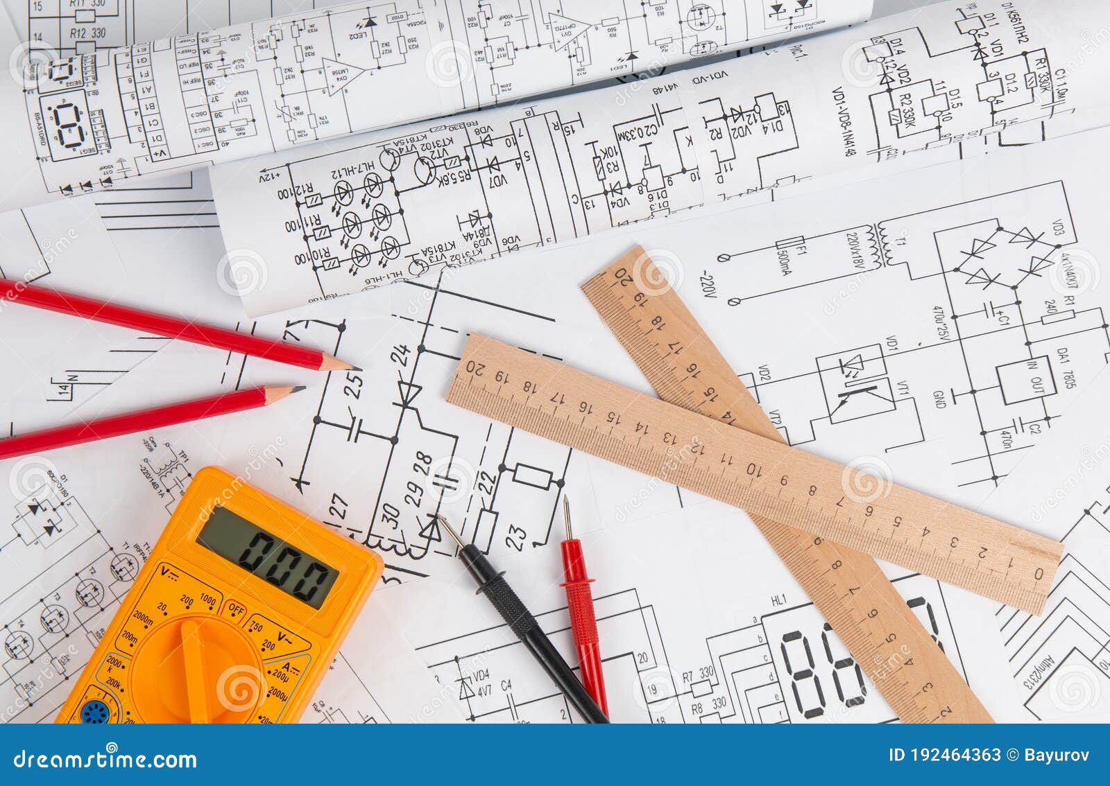 Digital Multimeter and Pencils on Paper Electrical Engineering Drawings ...