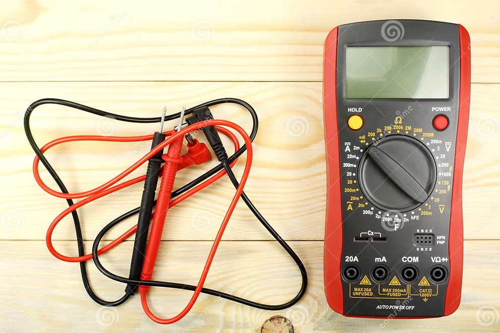 Digital Multimeter with Probes on a Wooden Table Stock Image - Image of ...