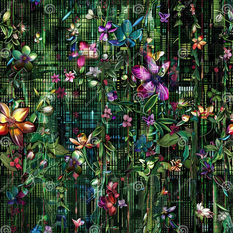 Digital Nature Fusion: Vibrant Flowers Intertwined with Binary Code ...