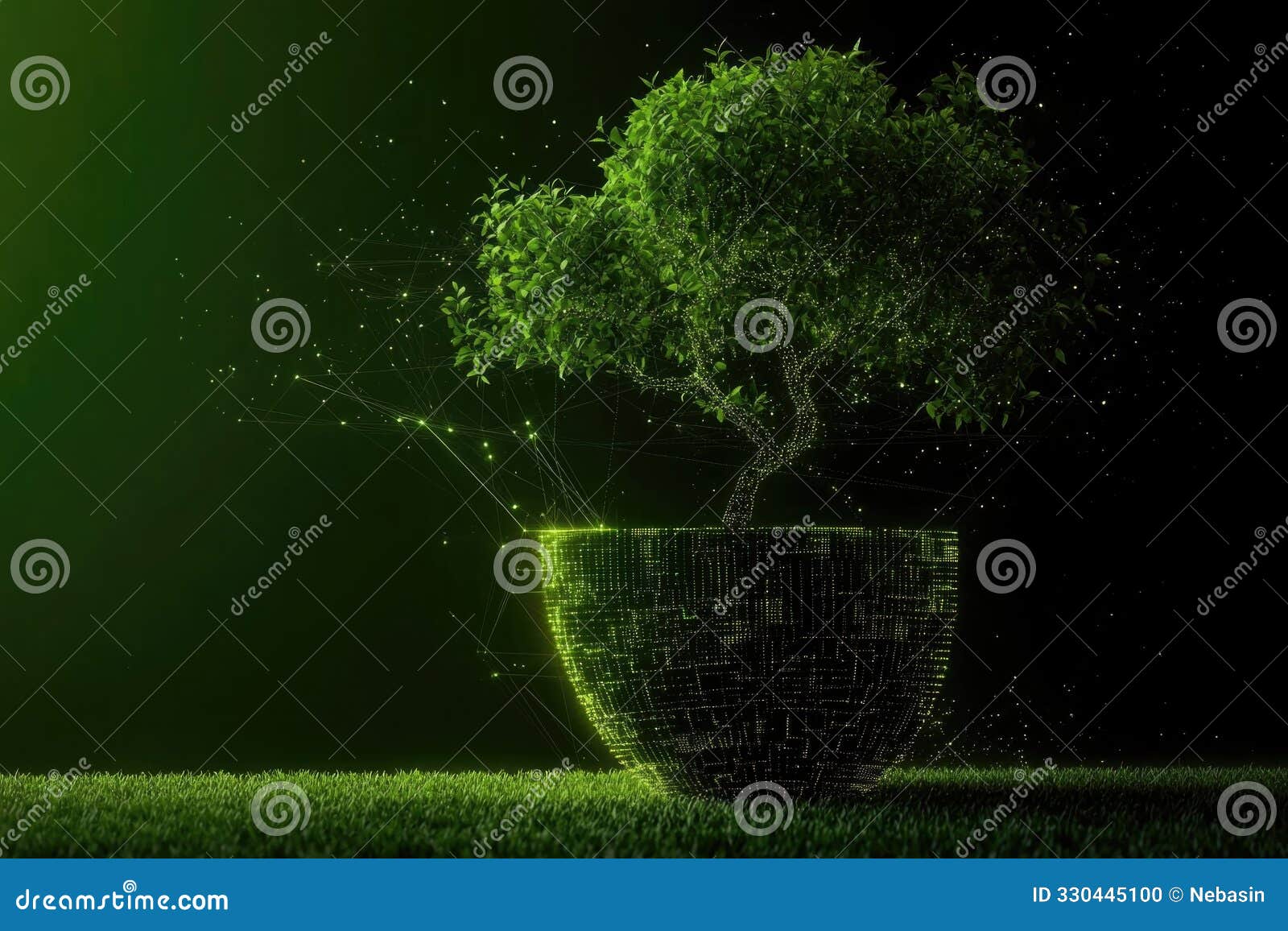 Digital Nature: Futuristic Green Tree Growing in a High-Tech Pot on ...
