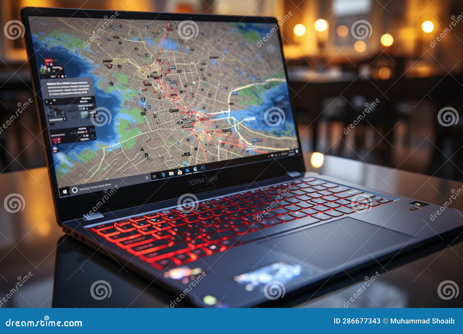 Digital Navigation, Laptop Showing 3D Map Pointer Indicating a Specific ...