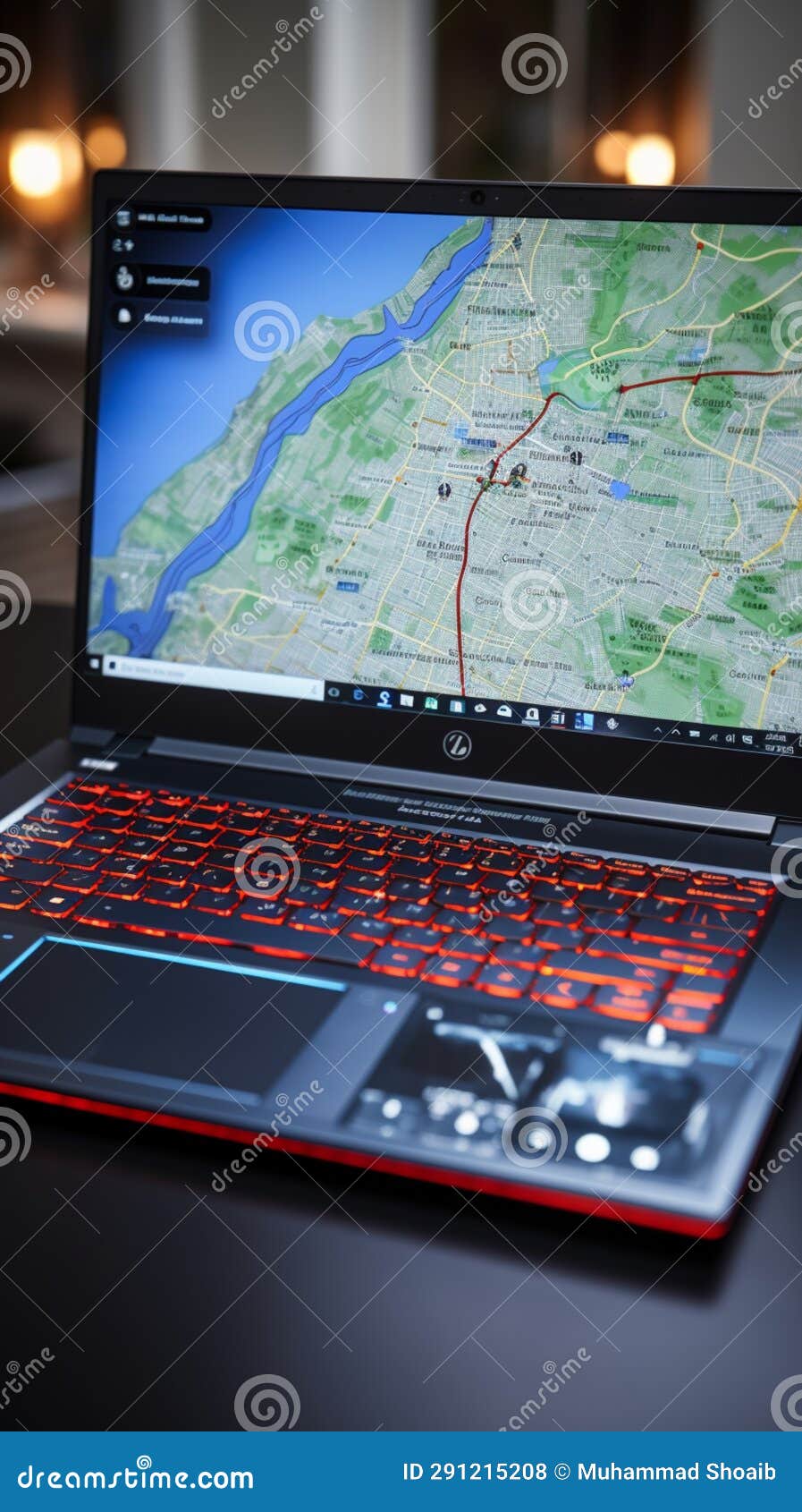 Digital Navigation, Laptop Showing 3D Map Pointer Indicating a Specific ...
