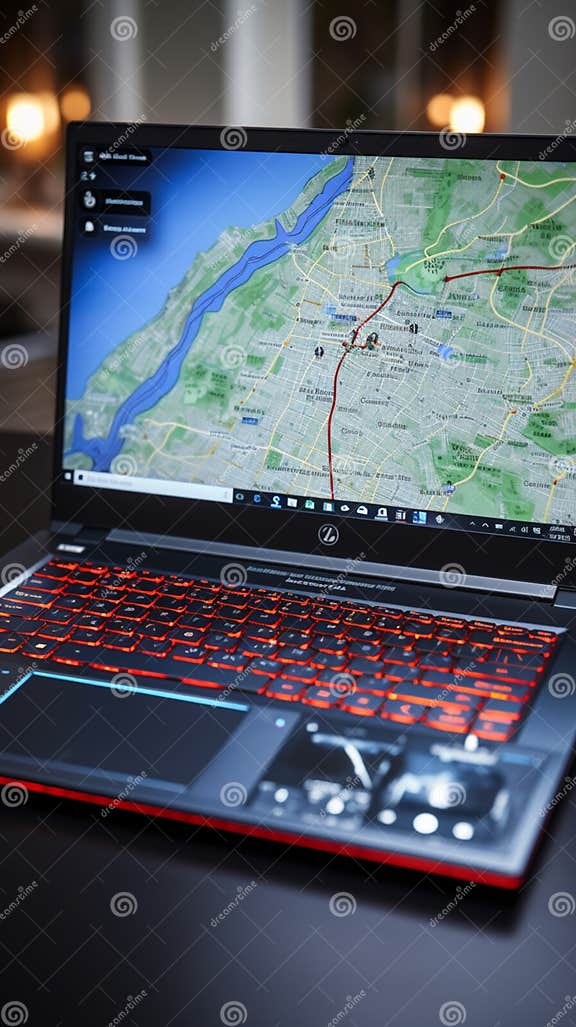 Digital Navigation, Laptop Showing 3D Map Pointer Indicating a Specific ...