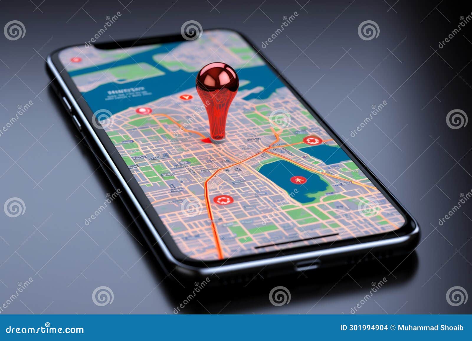 Digital Navigation Smartphone Display with 3D Red Map Pointer Icon ...
