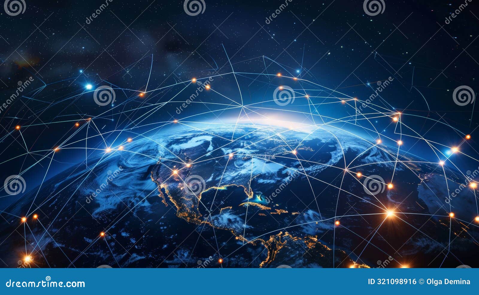 Digital Network Around Earth from Space with Glowing Nodes and ...