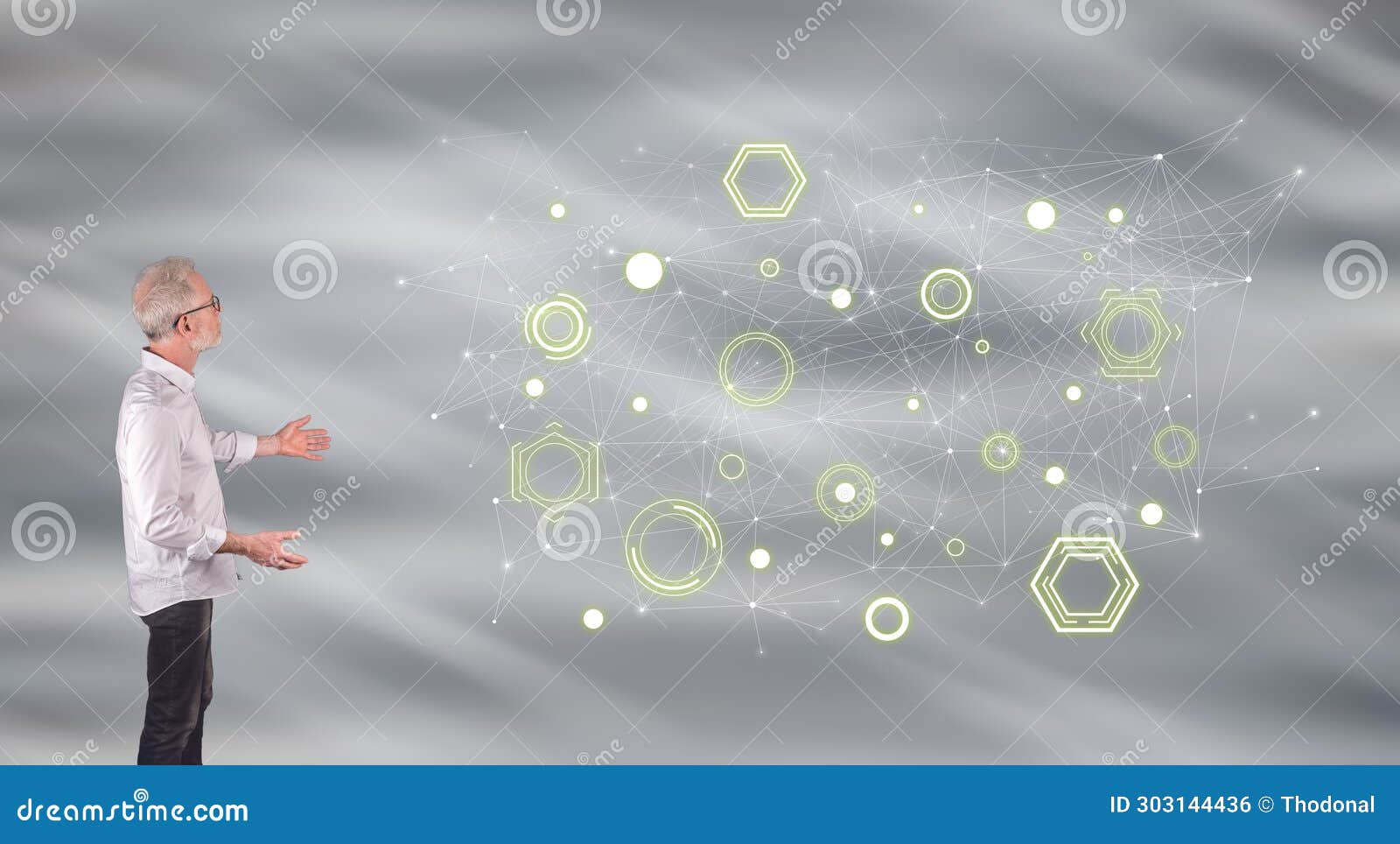 A Digital Network Concept Explained by a Businessman on a Wall Screen ...