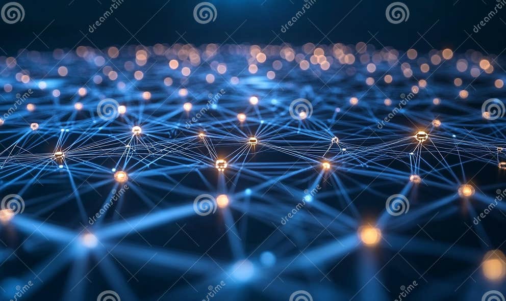 Digital Network Connections with Glowing Points in Futuristic Blue Grid ...