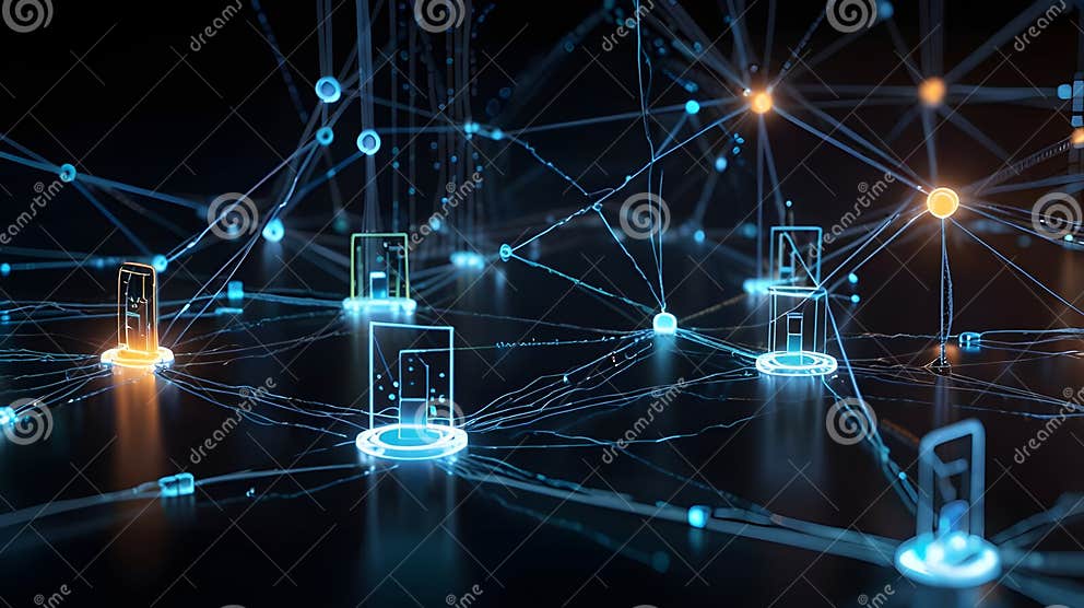 Digital Network Connections Linking Multiple Devices with Glowing Lines ...