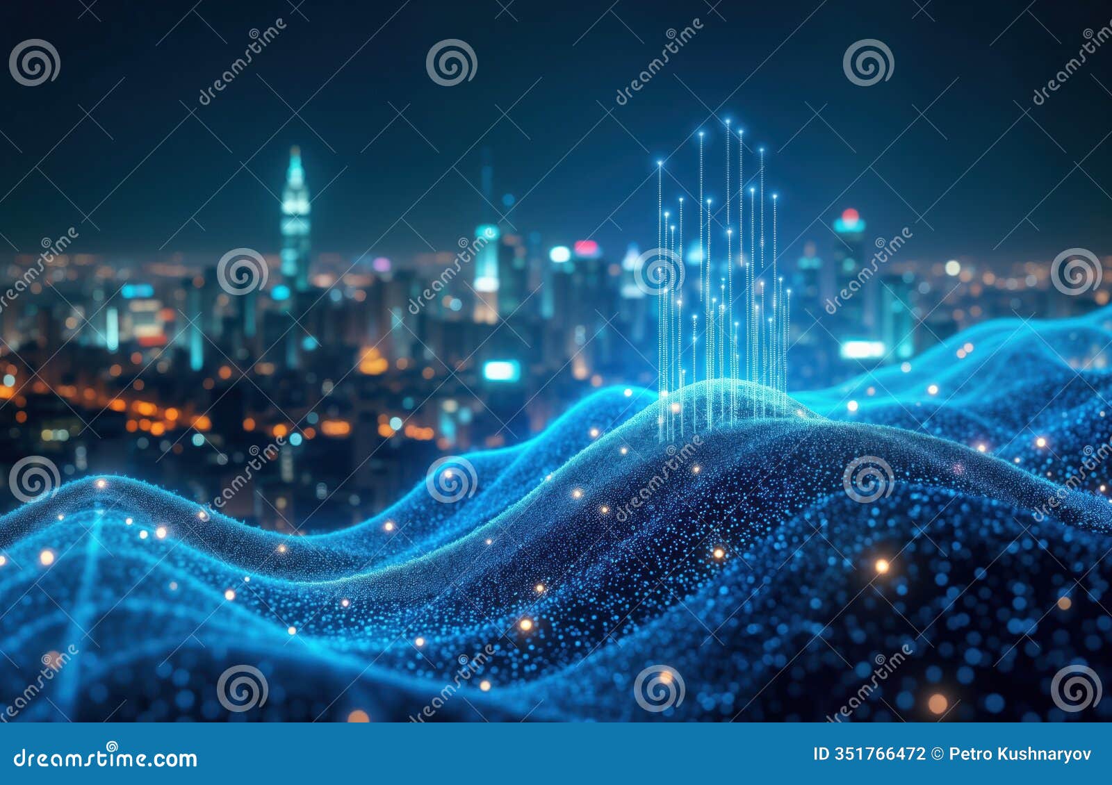 Digital Network Flow Over Night Cityscape. Abstract Blue Wavy Lines ...